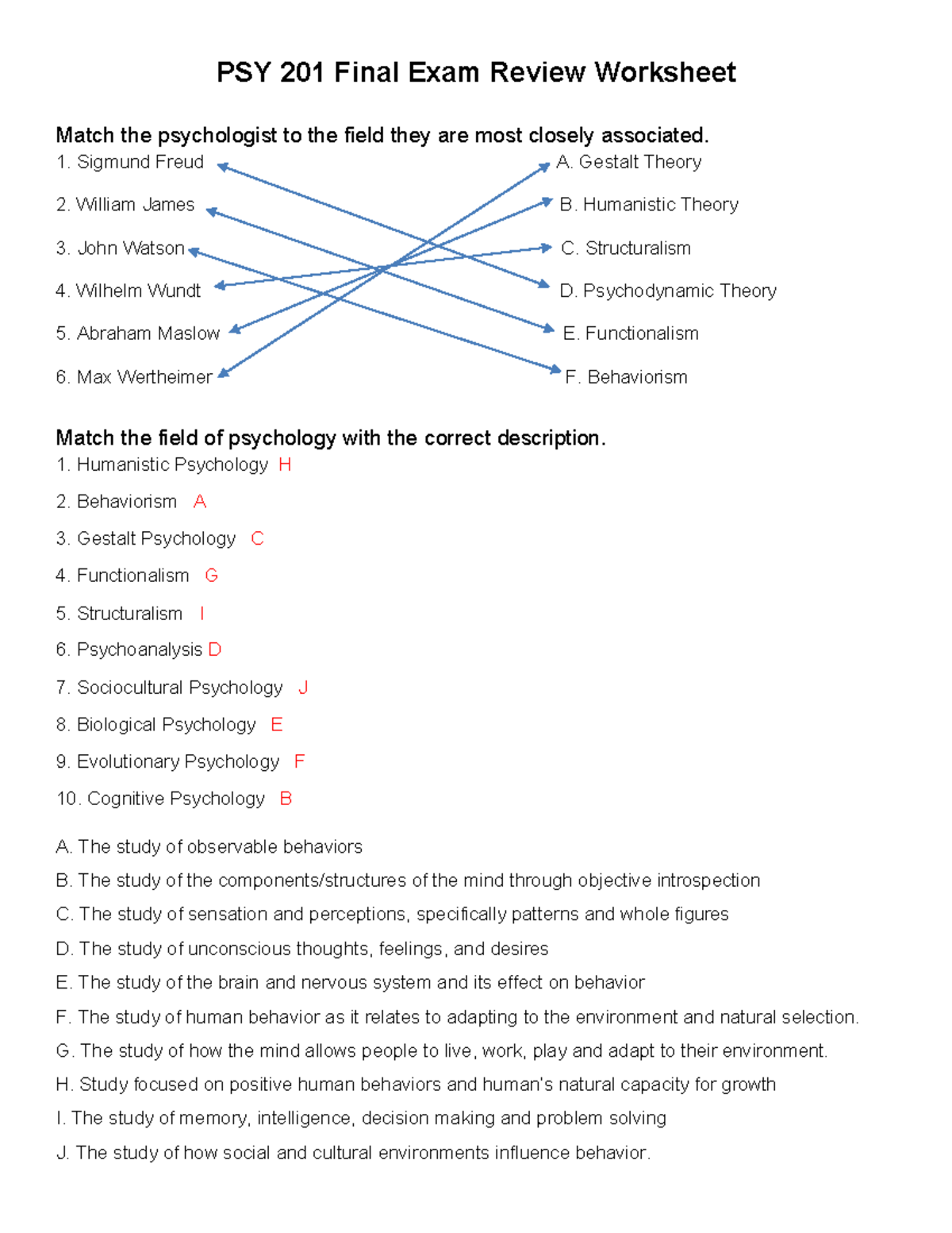 PSY 201 Final Exam Review: Key Concepts & Matching Activities - Studocu