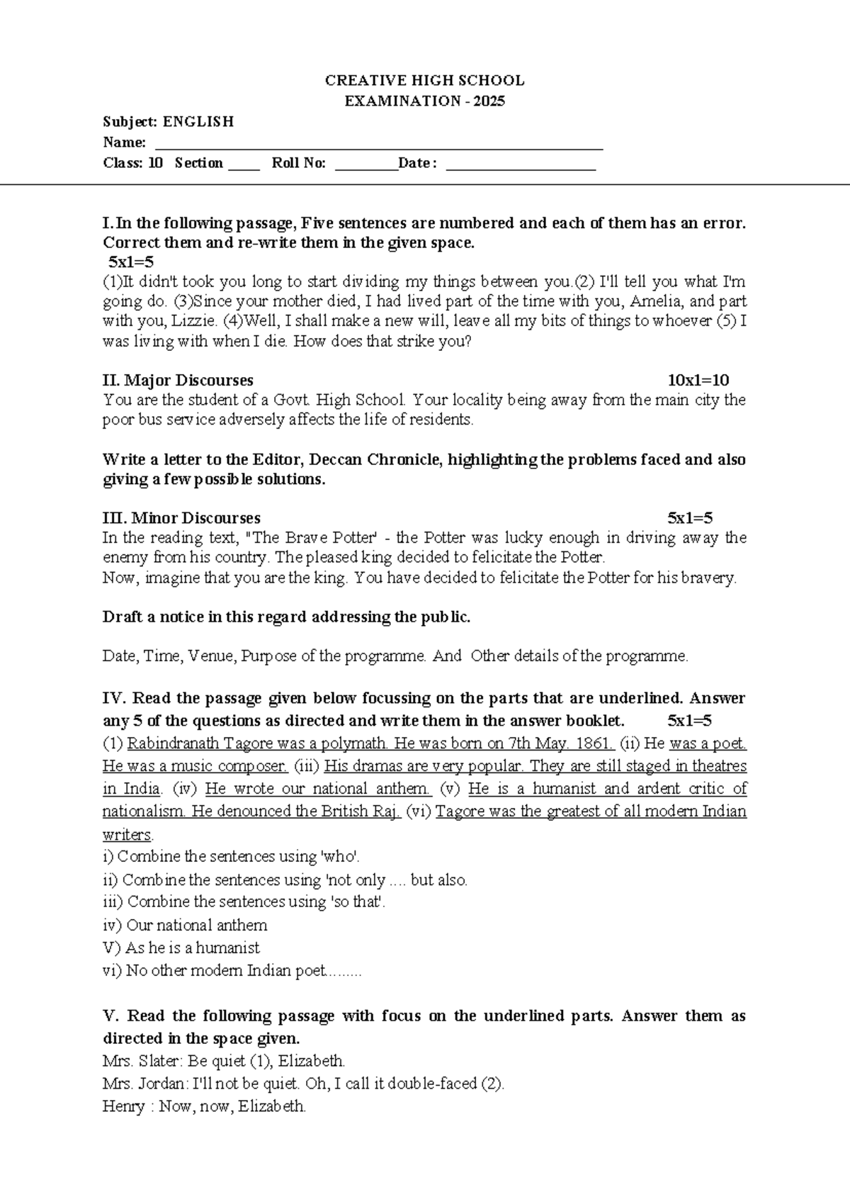 ENGLISH 10: Creative Examination Slip Test 2025 - Studocu