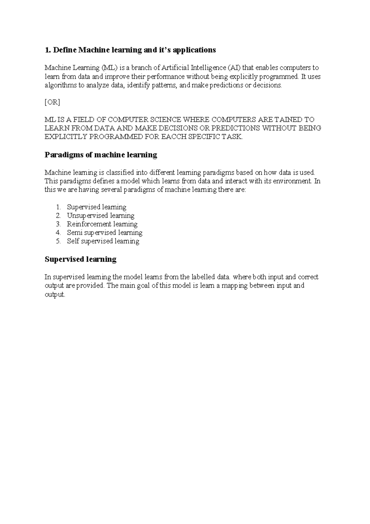 Machine Learning (ML) Overview: Definitions, Paradigms, and Applications - Studocu