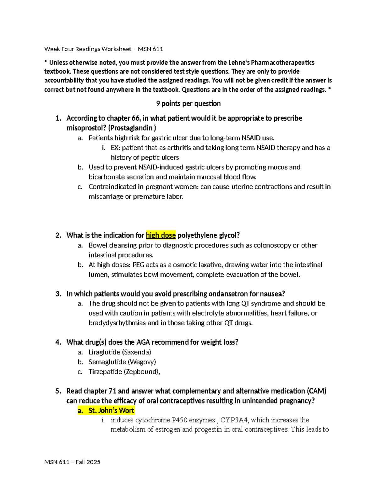 MSN 611 Week 4 Readings Worksheet: Pharmacotherapeutics Insights - Studocu