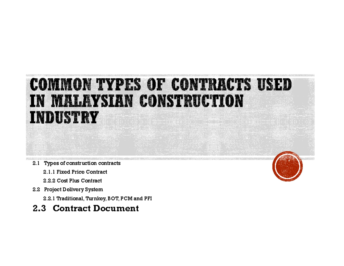 WK 4: Common Types of Contracts in Malaysian Construction - Studocu