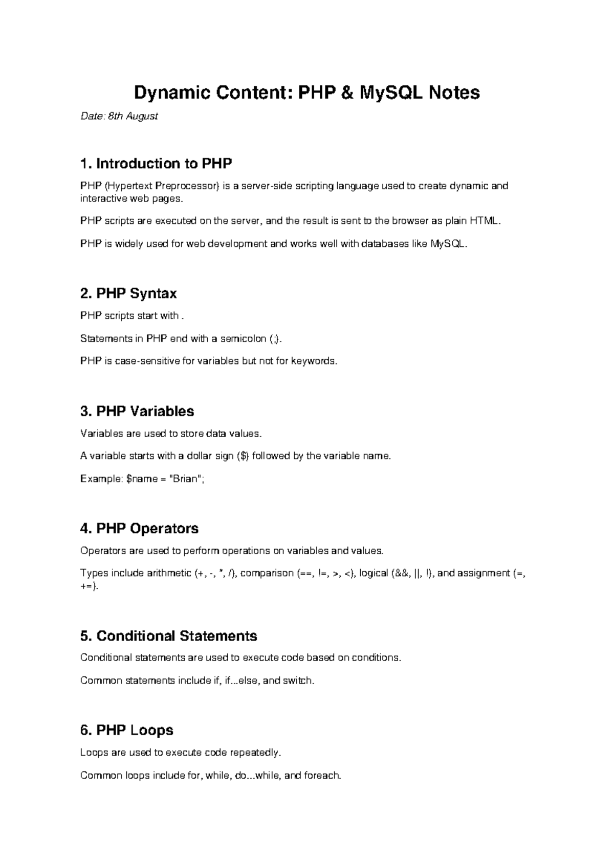 PHP & MySQL Dynamic Content Notes: Key Concepts & Syntax - Studocu