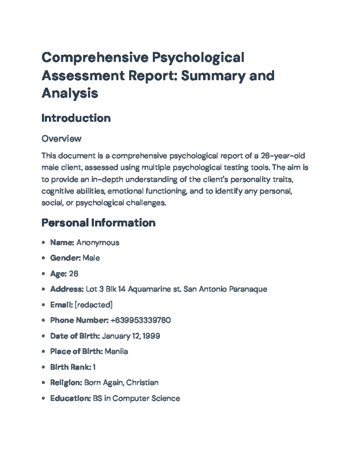 Psychological Assessment Report: Insights & Recommendations (PSY 101 ...