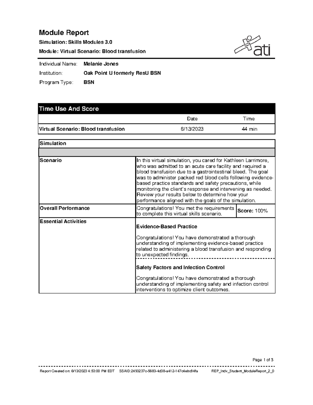 Virtual Skills Module Report: Blood Transfusion Simulation (BSN) - Studocu