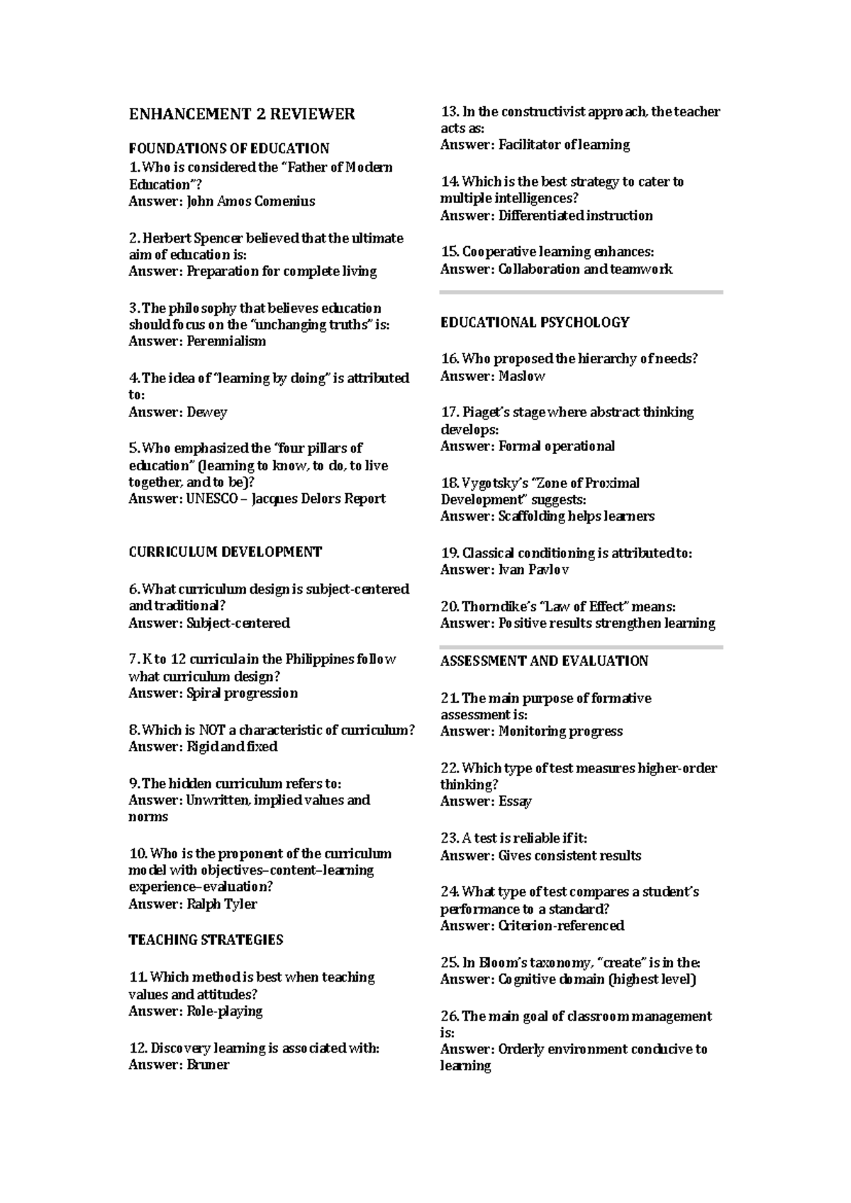 Enhancement 2 Reviewer: Foundations of Education 1 Study Guide - Studocu