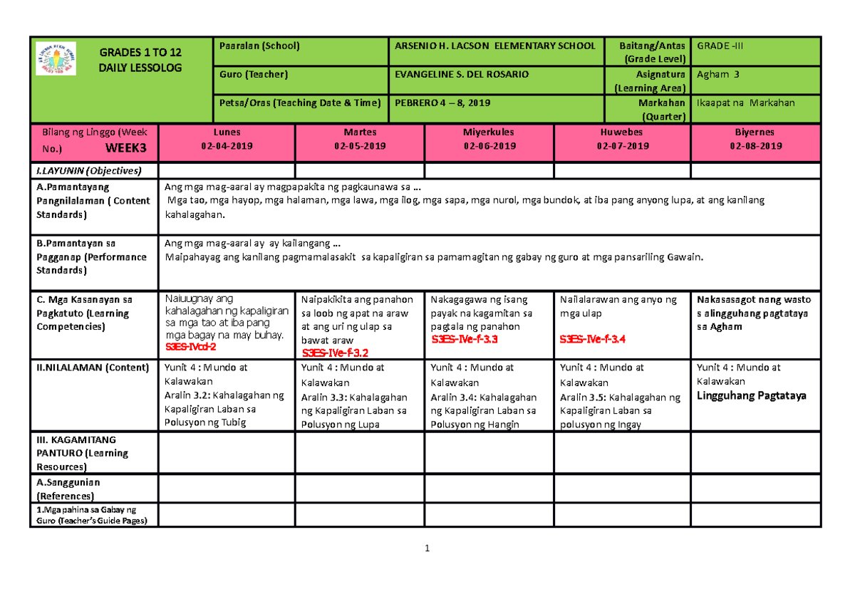 Agham 3 Q4 Week 3 - Lesson Plan on Environmental Awareness - Studocu