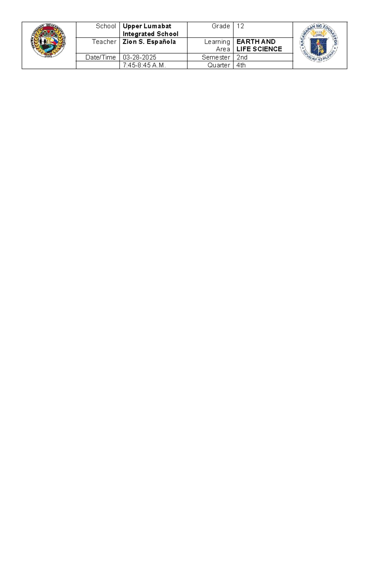 Grade 12 Earth and Life Science Lesson Plan: Digestion & Respiration ...