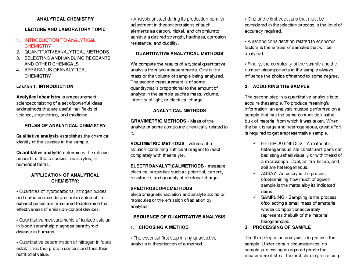 Anachem Prelims - ANALYTICAL CHEMISTRY LECTURE AND LABORATORY TOPIC 1 ...
