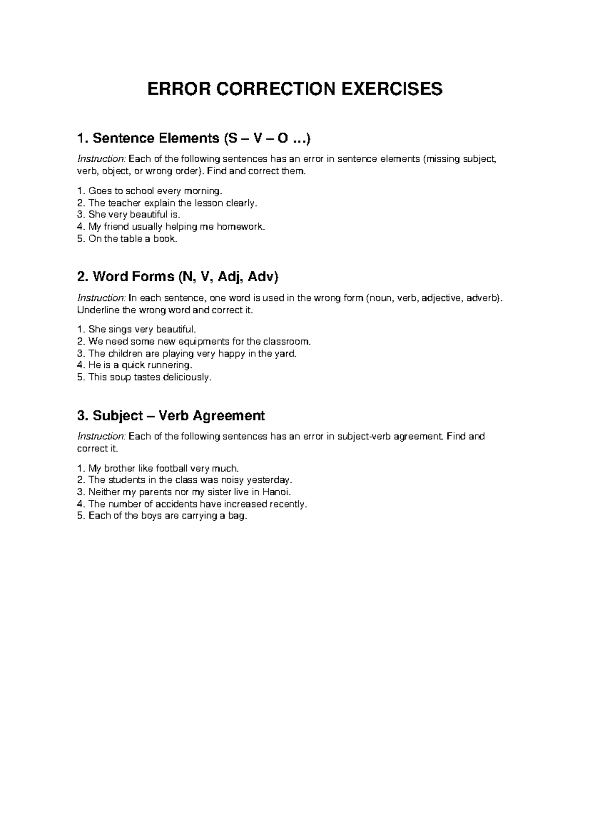 Error Correction Exercises EN: Sentence Elements, Word Forms ...