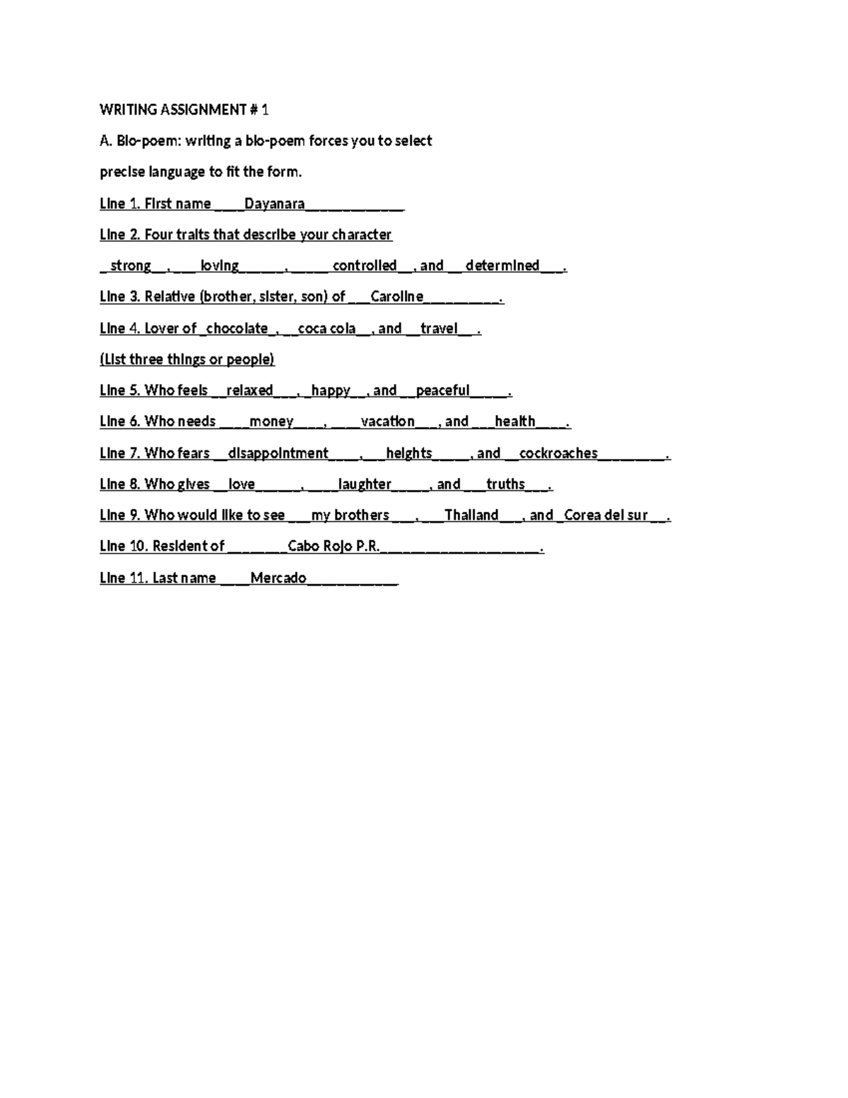 Bio poms - funa - WRITING ASSIGNMENT # 1 A. Bio-poem: writing a bio ...