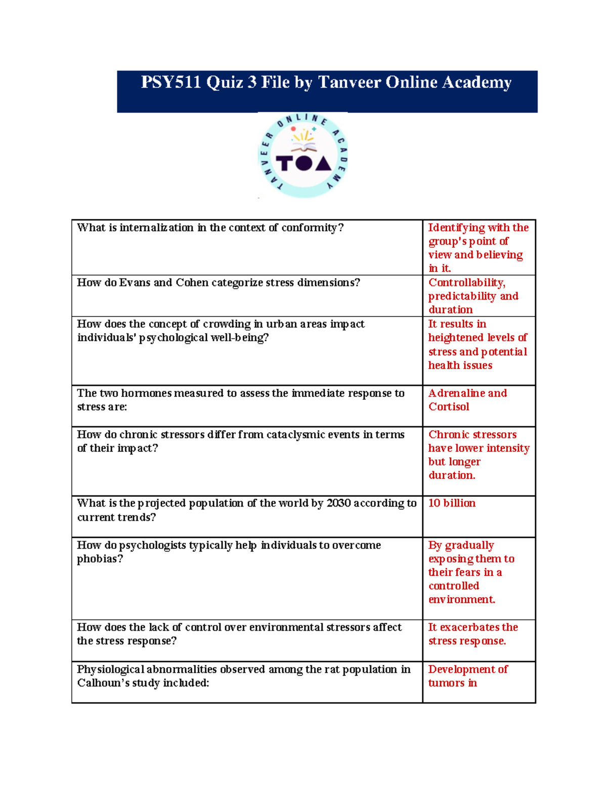 PSY511 Quiz 3: Understanding Stress, Conformity, and Psychological ...