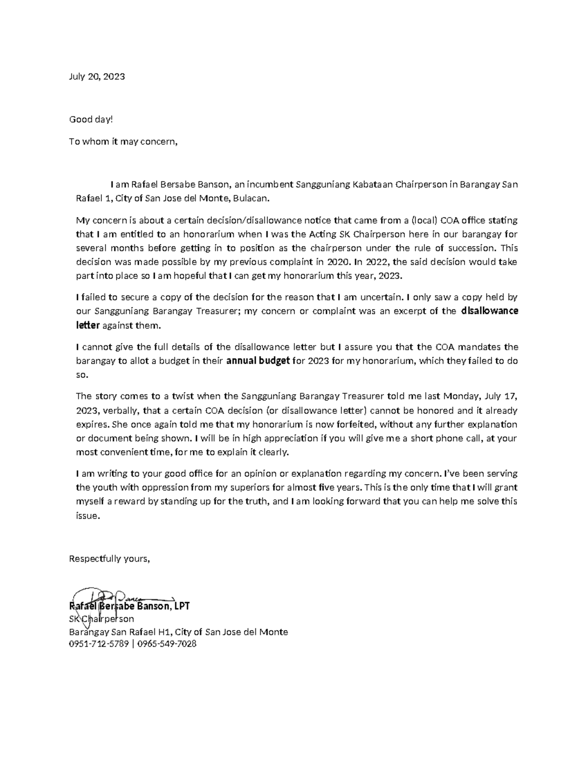 Letter to COA Regarding Honorarium Issue - SK Chairperson 2023 - Studocu