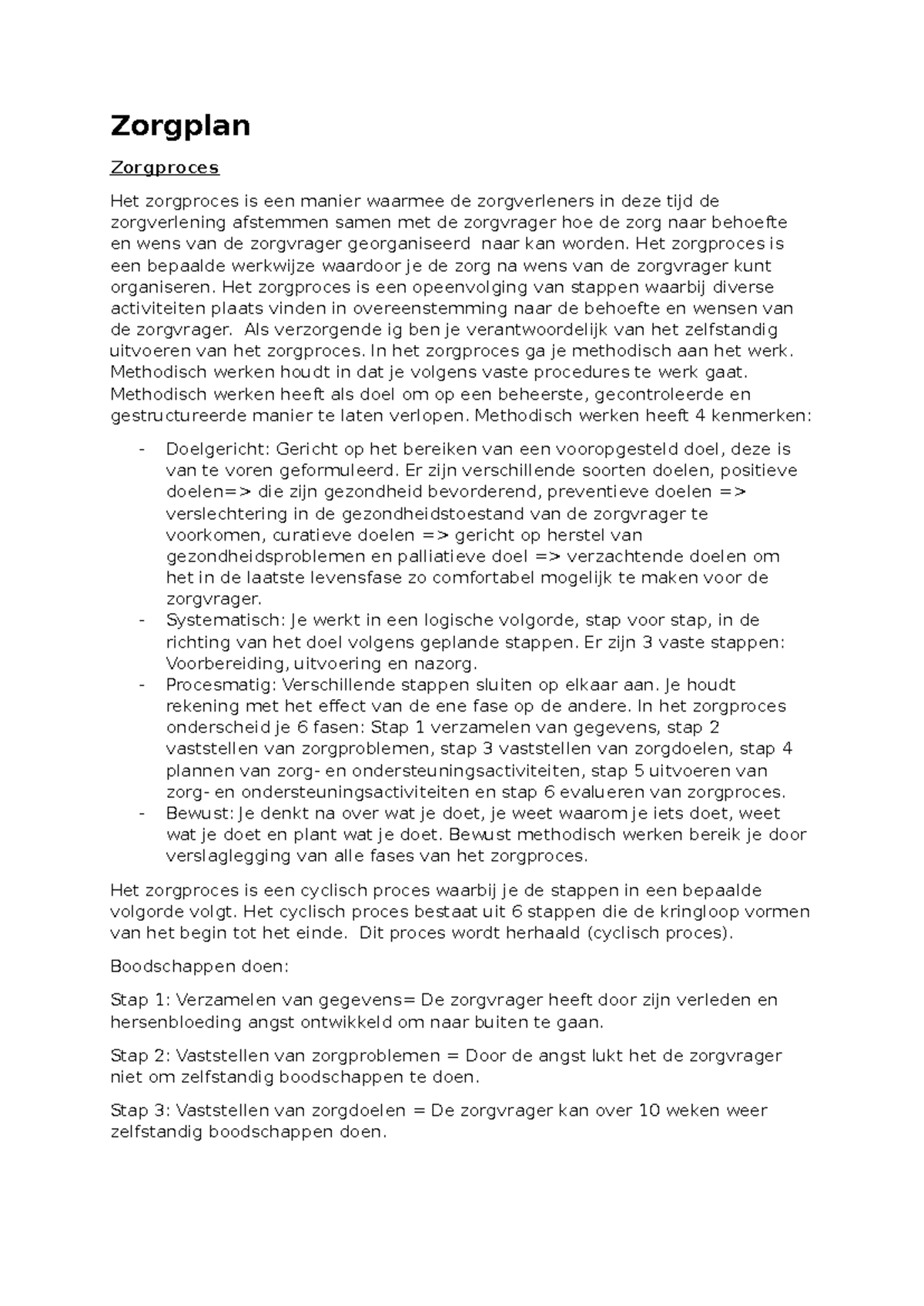 Zorgplan en Zorgproces: Methodisch Werken in de Zorgverlening - Studeersnel