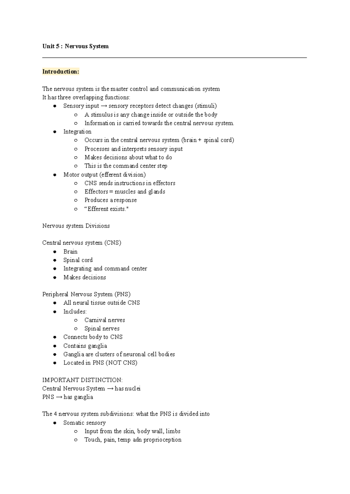 Unit 5: Nervous System Overview and Key Concepts Notes - Studocu