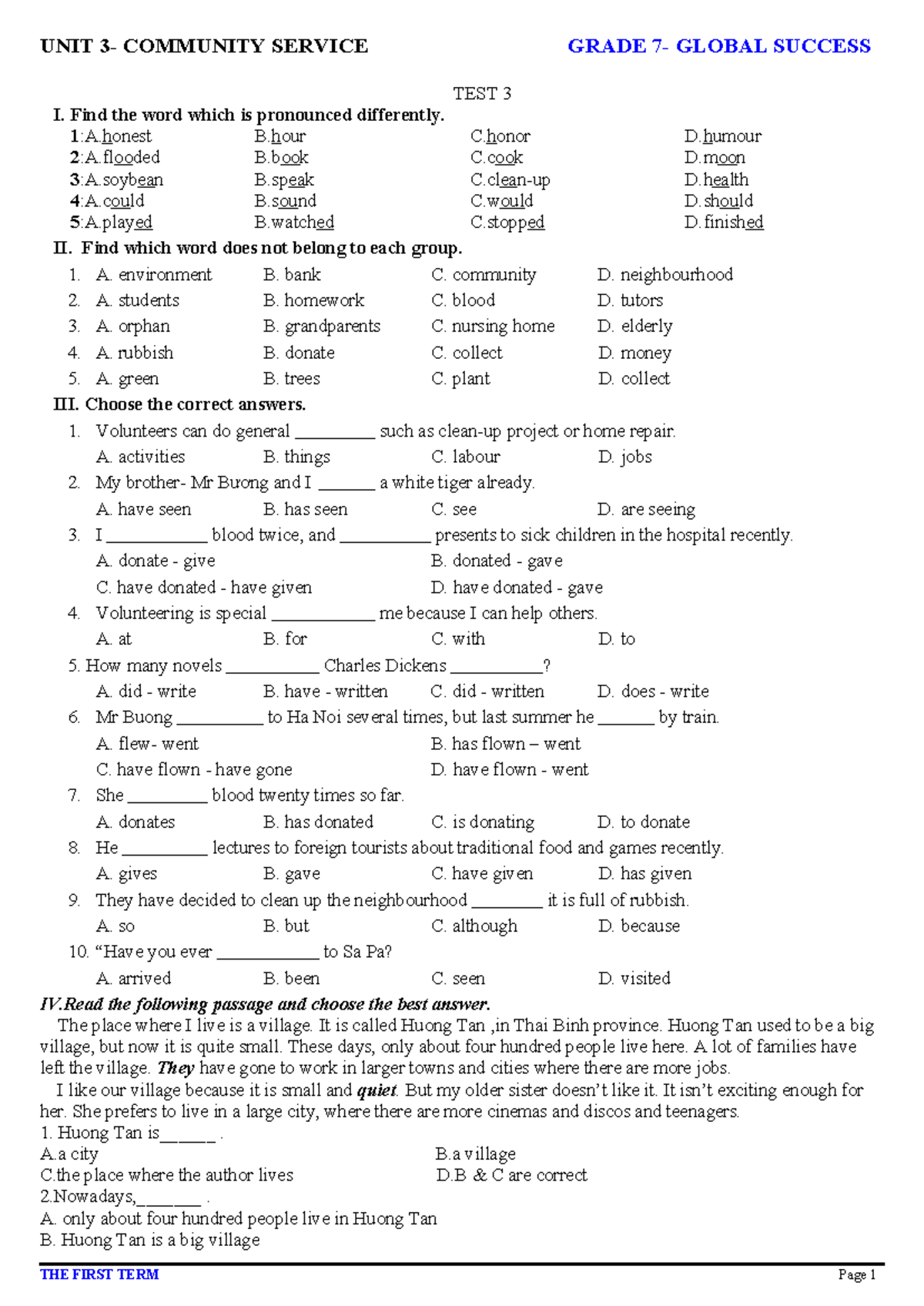 UNIT 3 - Community Service Grade Global Success Test 3 - Studocu