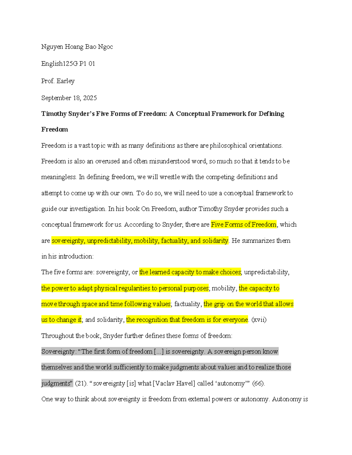 English125G P1 01 Final Exam: Timothy Snyder's Five Forms of Freedom ...