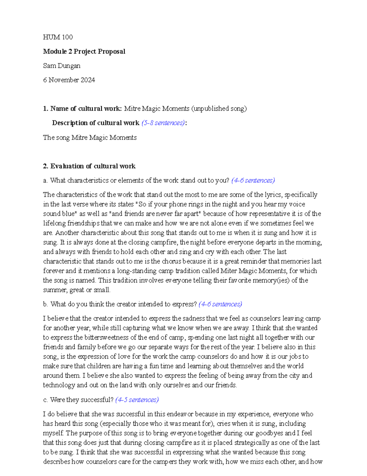 HUM 100 Module 2 Project Proposal: Evaluating Cultural Works - Studocu