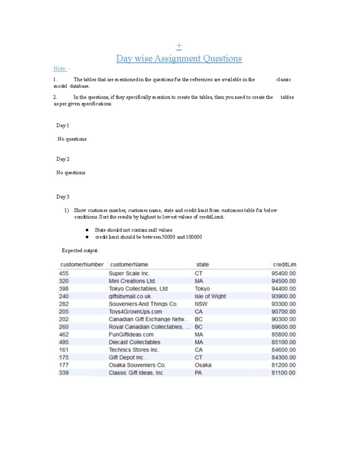 SQL Assignment: Structured Day-wise Tasks and Queries Guide - Studocu