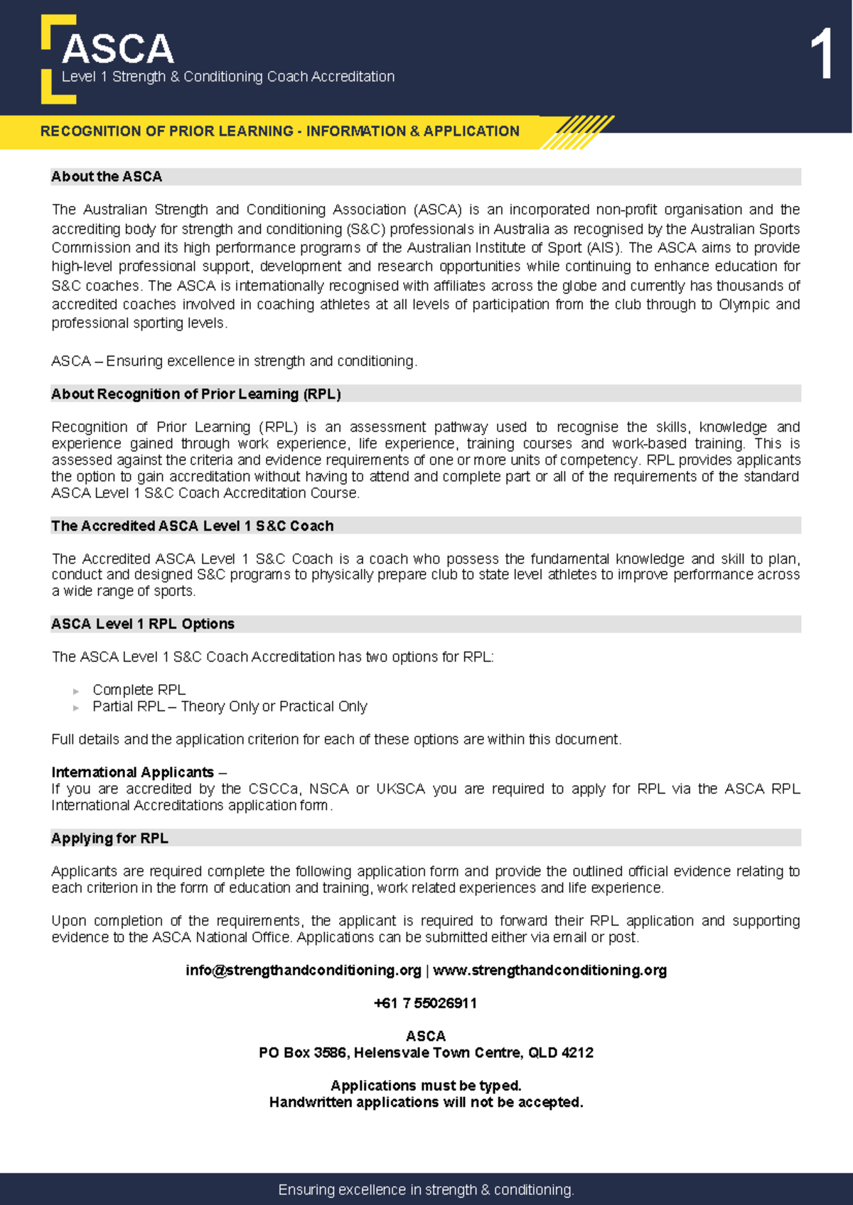 ASCA Level 1 Strength & Conditioning Coach RPL Info & Application Notes ...