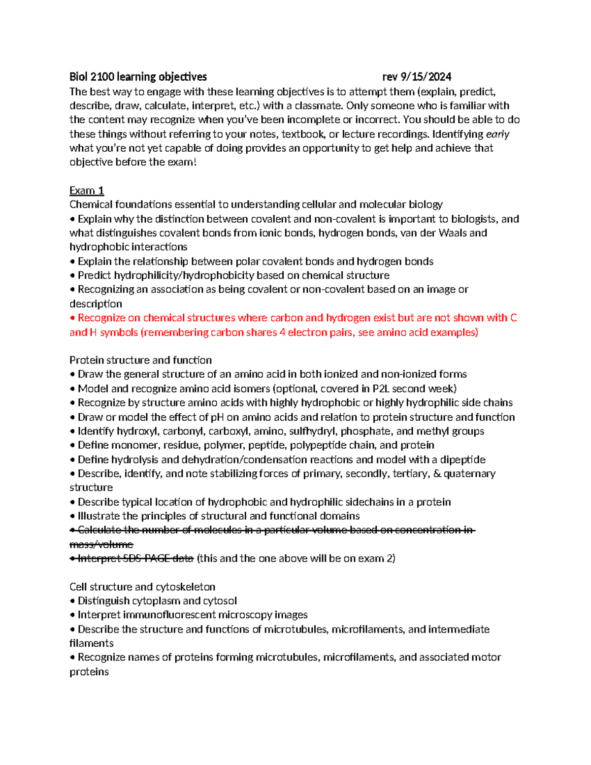 Biol 2100 Exam 1 Learning Objectives (Revised 9-15-24) - Studocu