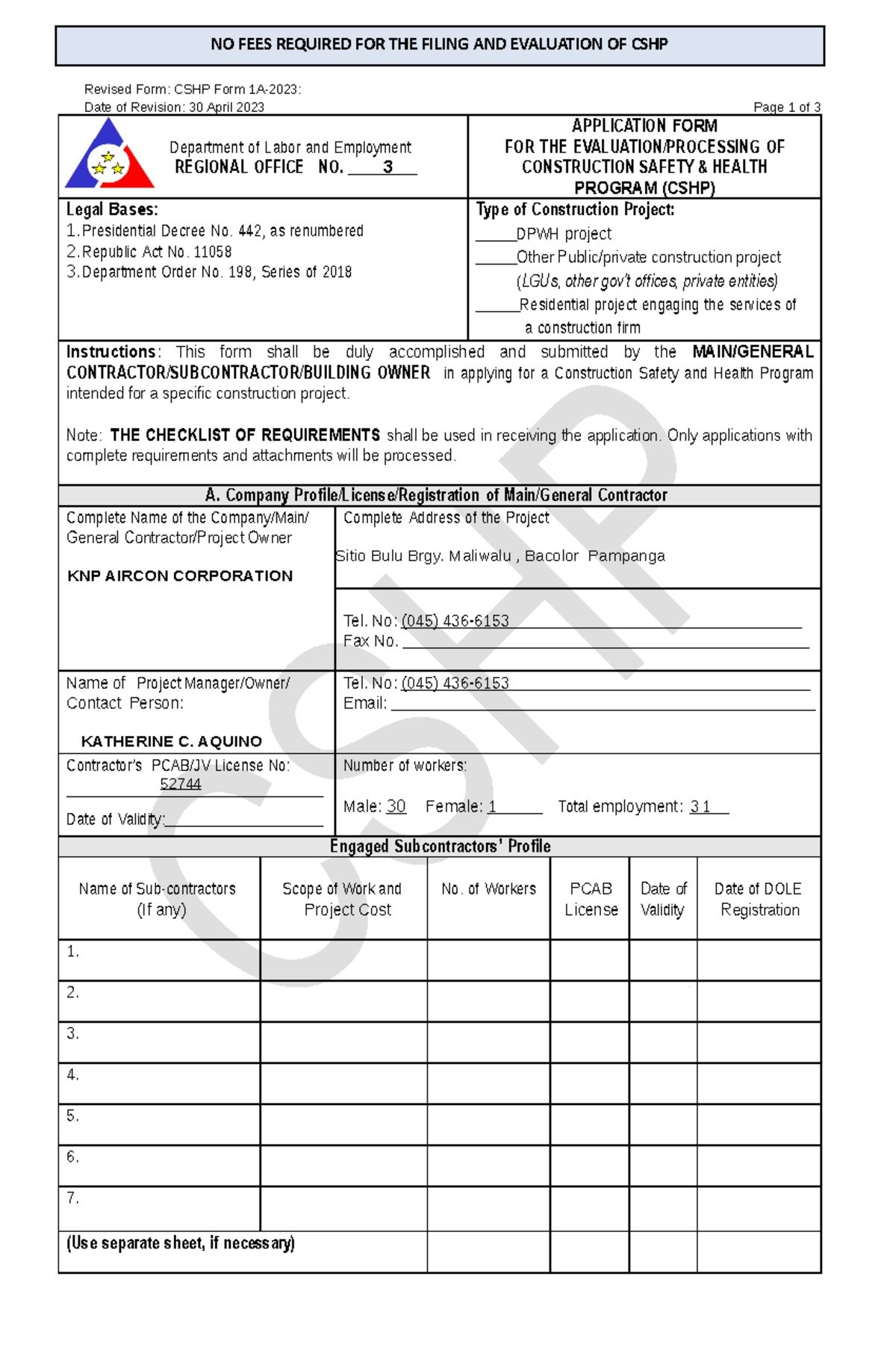 CSHP 1A-2023 Application Form for Construction Safety Program - Studocu