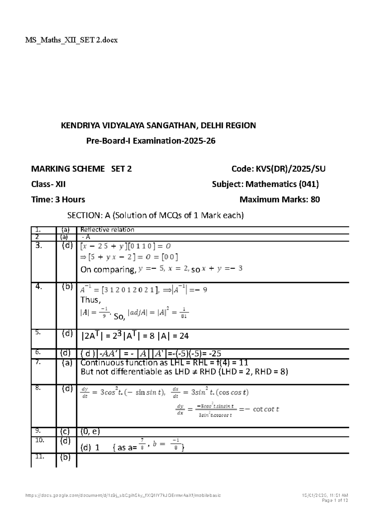 MS_Maths_XII_Pre Board Marking Scheme SET 2 (KVS, Delhi) 2025-26 - Studocu
