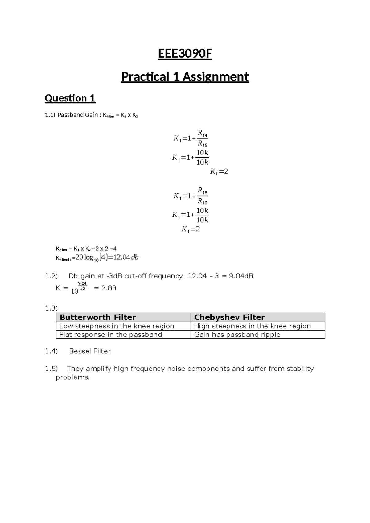 EEE3090F Practical Assignment 1: Filter Design Questions & Solutions ...