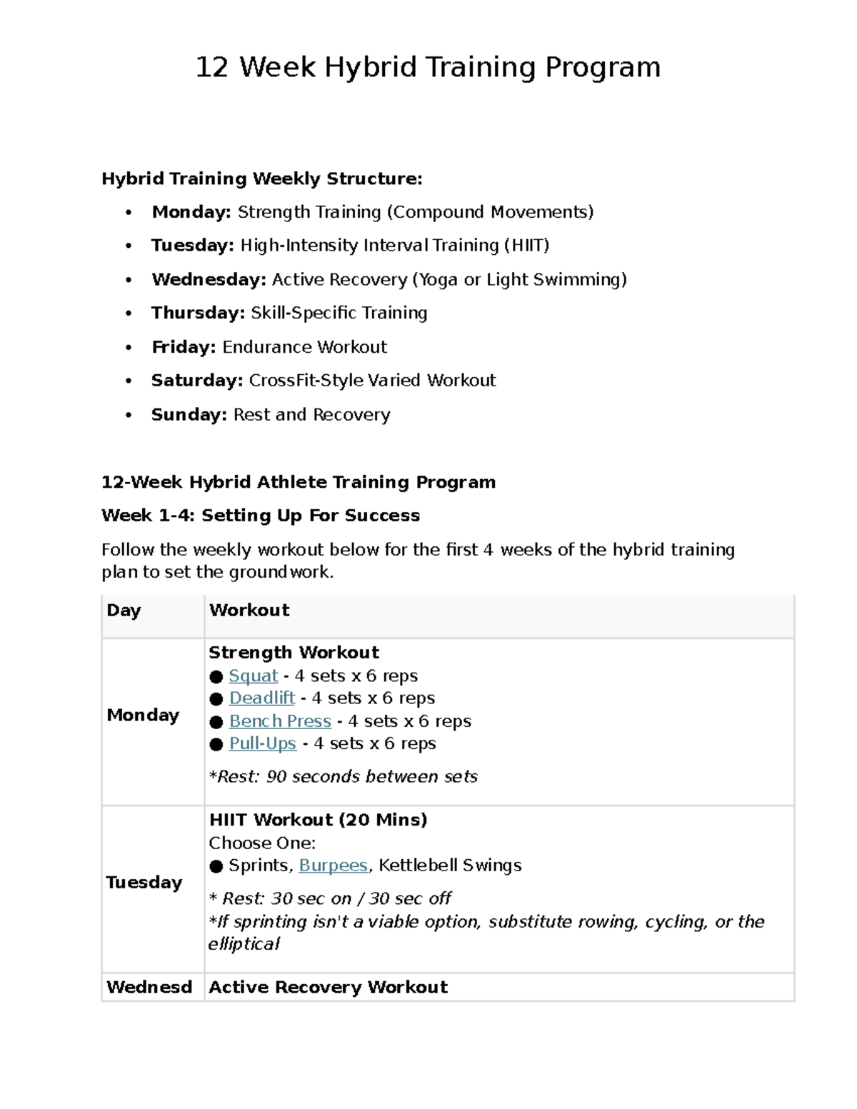 Hybrid Training Program - Hybrid Training Weekly Structure: Monday ...