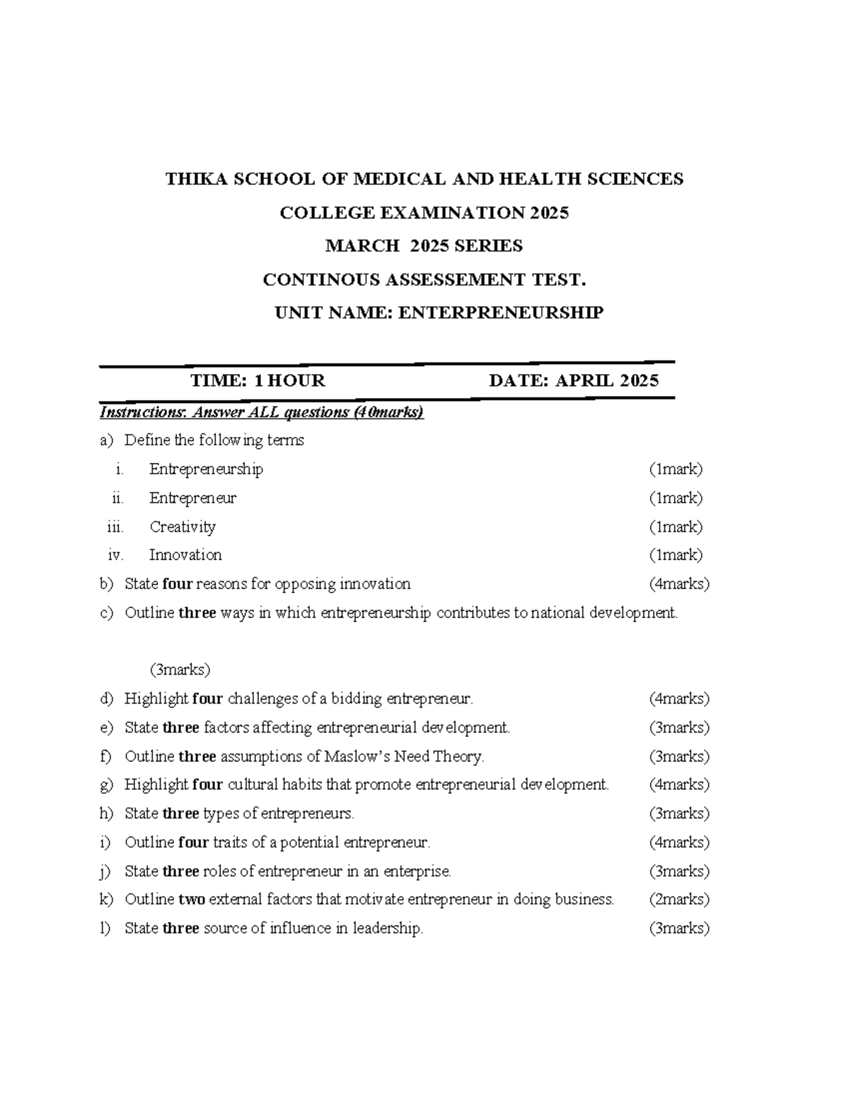 ENT 2025: Continuous Assessment Test Notes on Entrepreneurship - Studocu