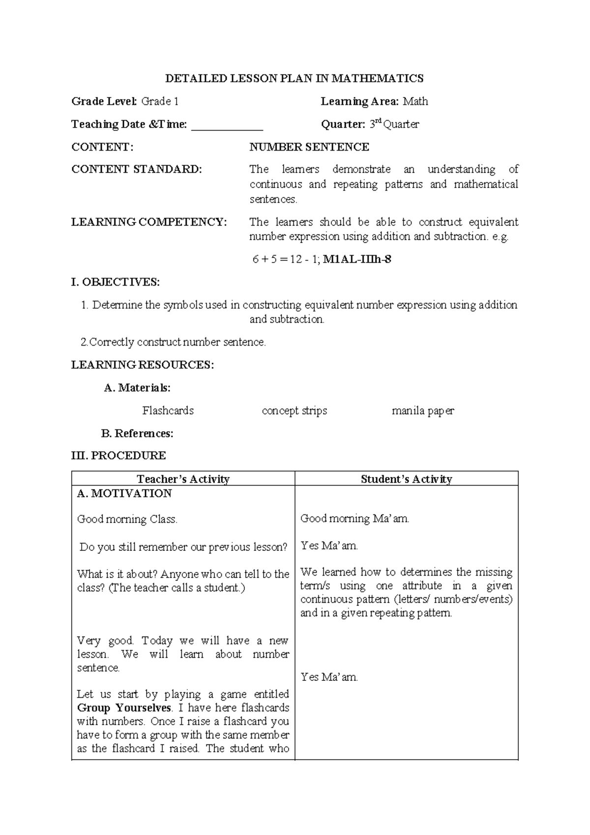 Detailed Lesson Plan on Number Sentences - Math 587796743 - Studocu