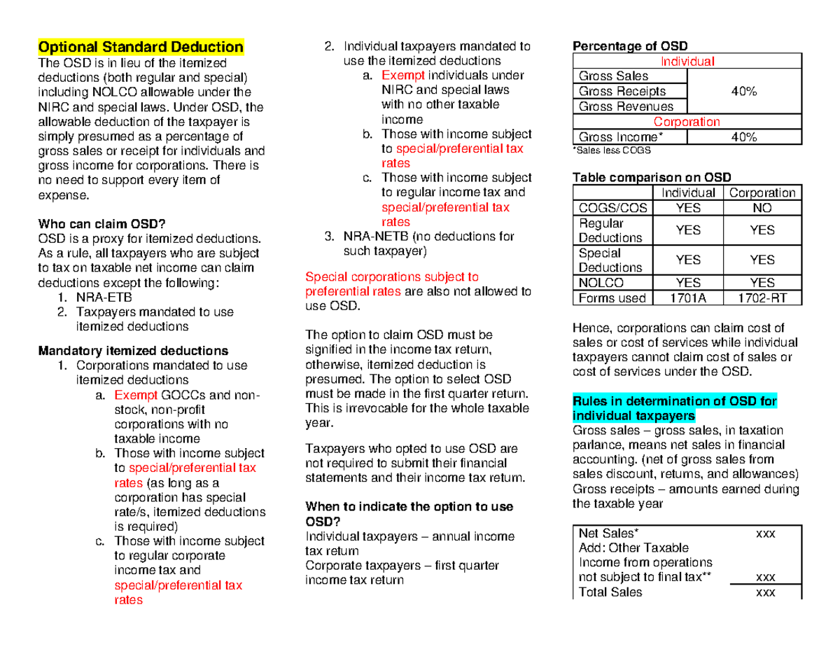 Revised Optional Standard Deduction (OSD) Guidelines for Taxpayers ...