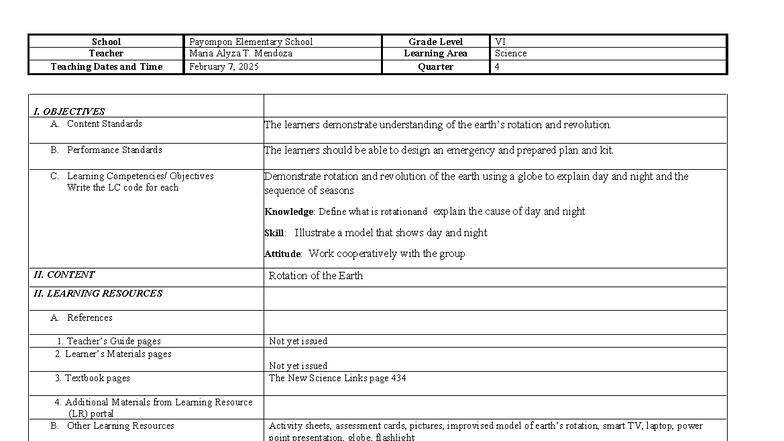 Science Lesson Plan: Rotation and Revolution of Earth (Grade 4) - Studocu