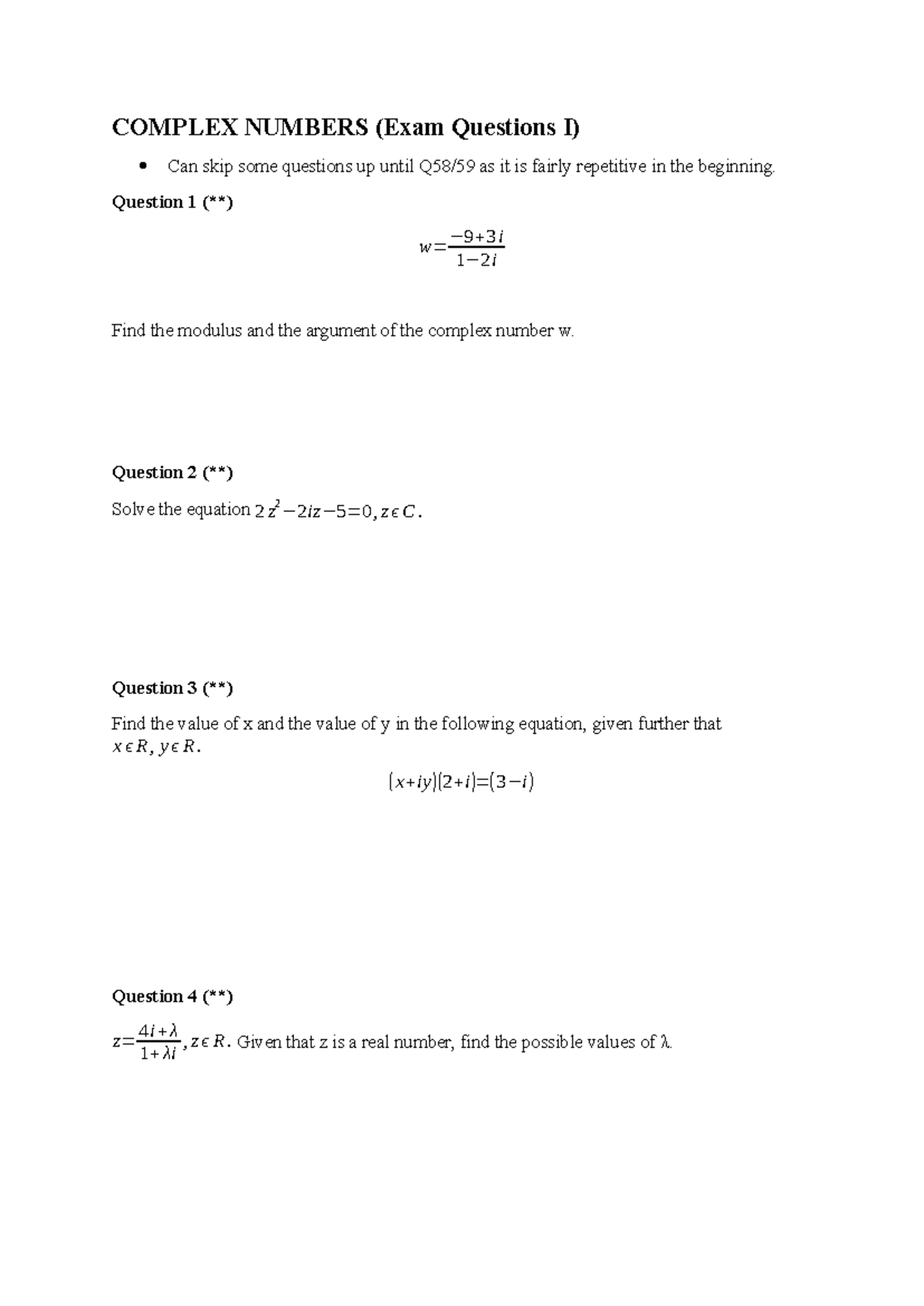 Complex Numbers Exam Questions (Course Code: CNUM101) - Studocu