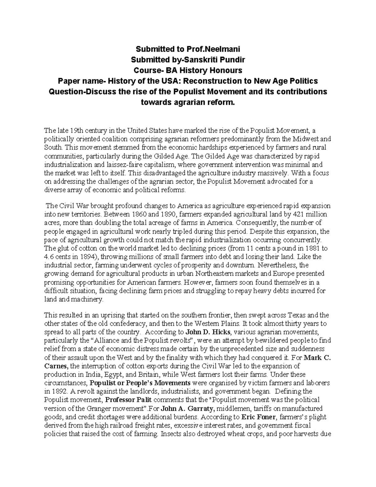 "BA History Honours: Analysis of the Populist Movement's Impact on ...