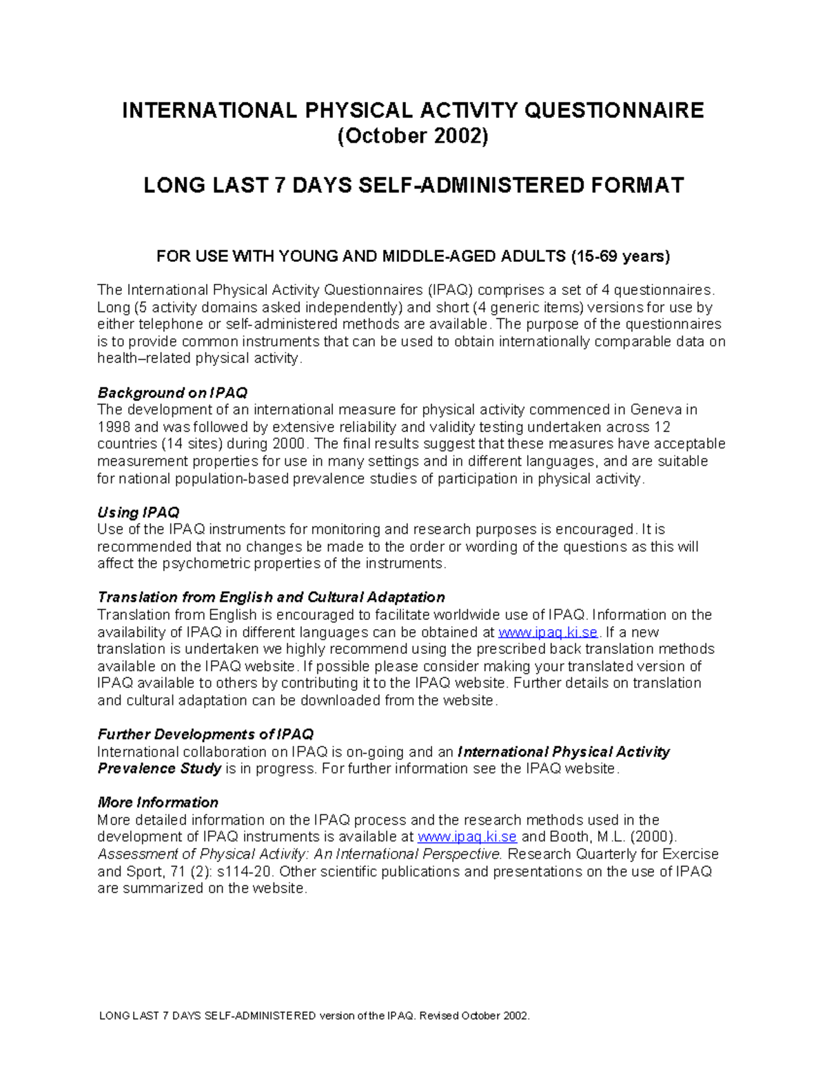 Revised IPAQ Long Last 7 Days Format for Adults (Oct 2002) - Studocu