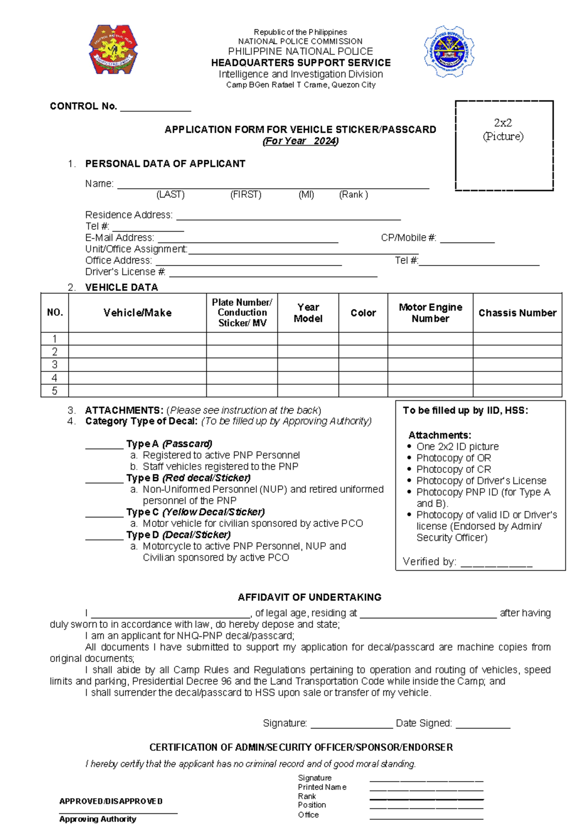 Application Form for Vehicle Sticker/Passcard (Control No. 2024) - Studocu