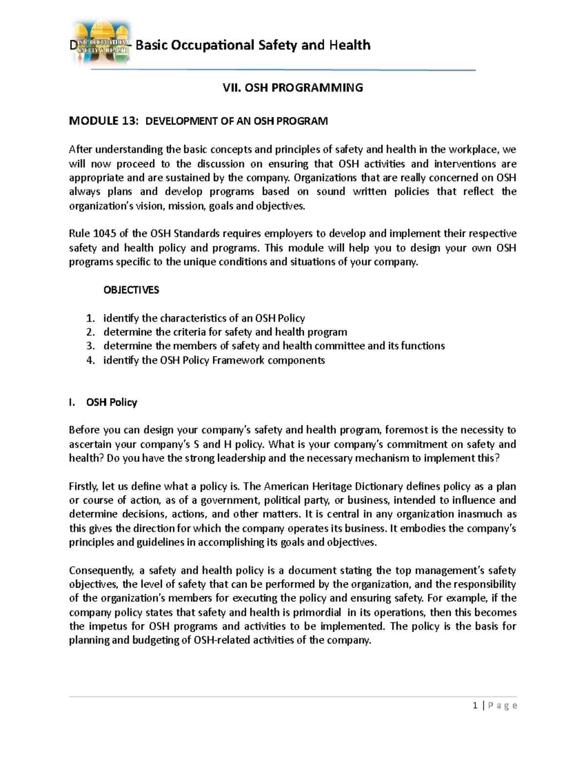 BOSH Module 13: Designing an Effective OSH Program - Studocu