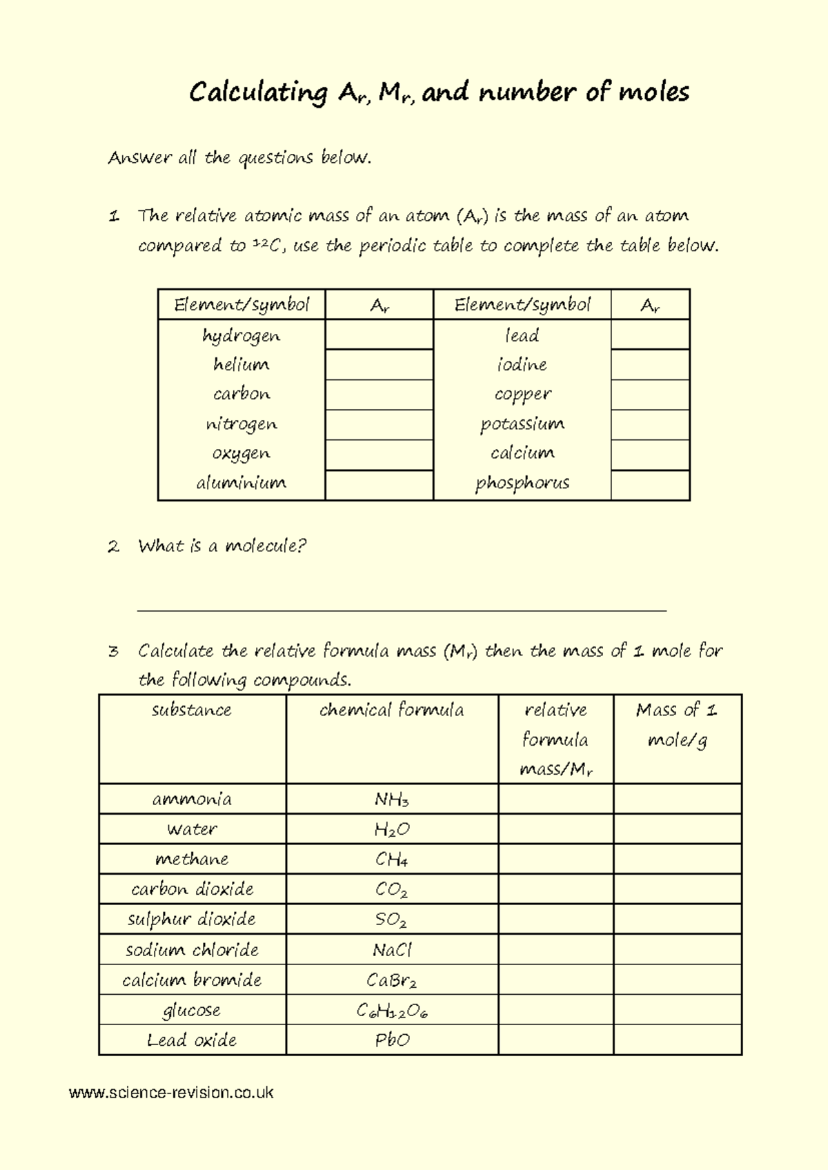Ar and Mr Calculation Worksheet 1: Moles and Masses - Studocu