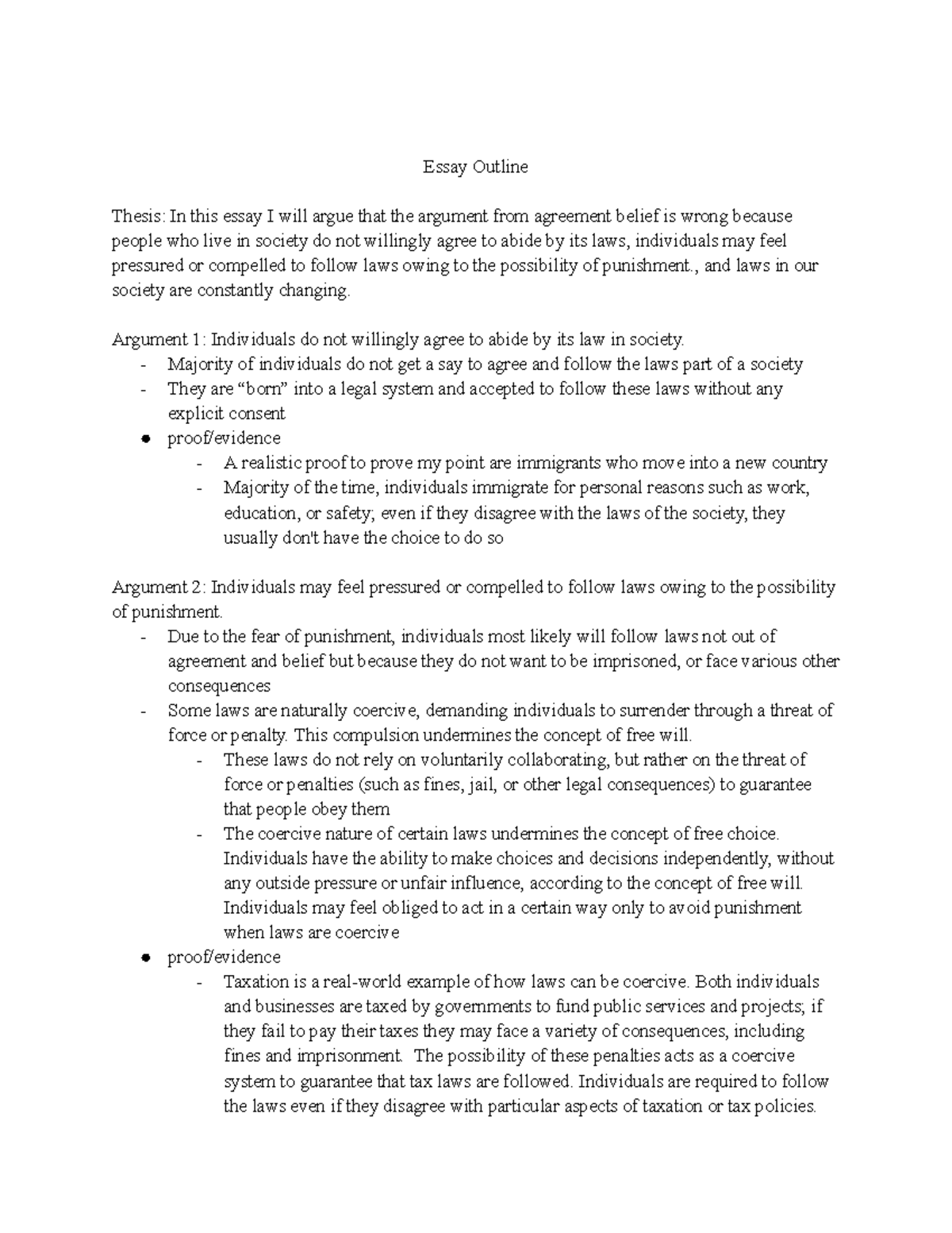Essay Outline: Argument Against the Agreement Belief in Law - Studocu