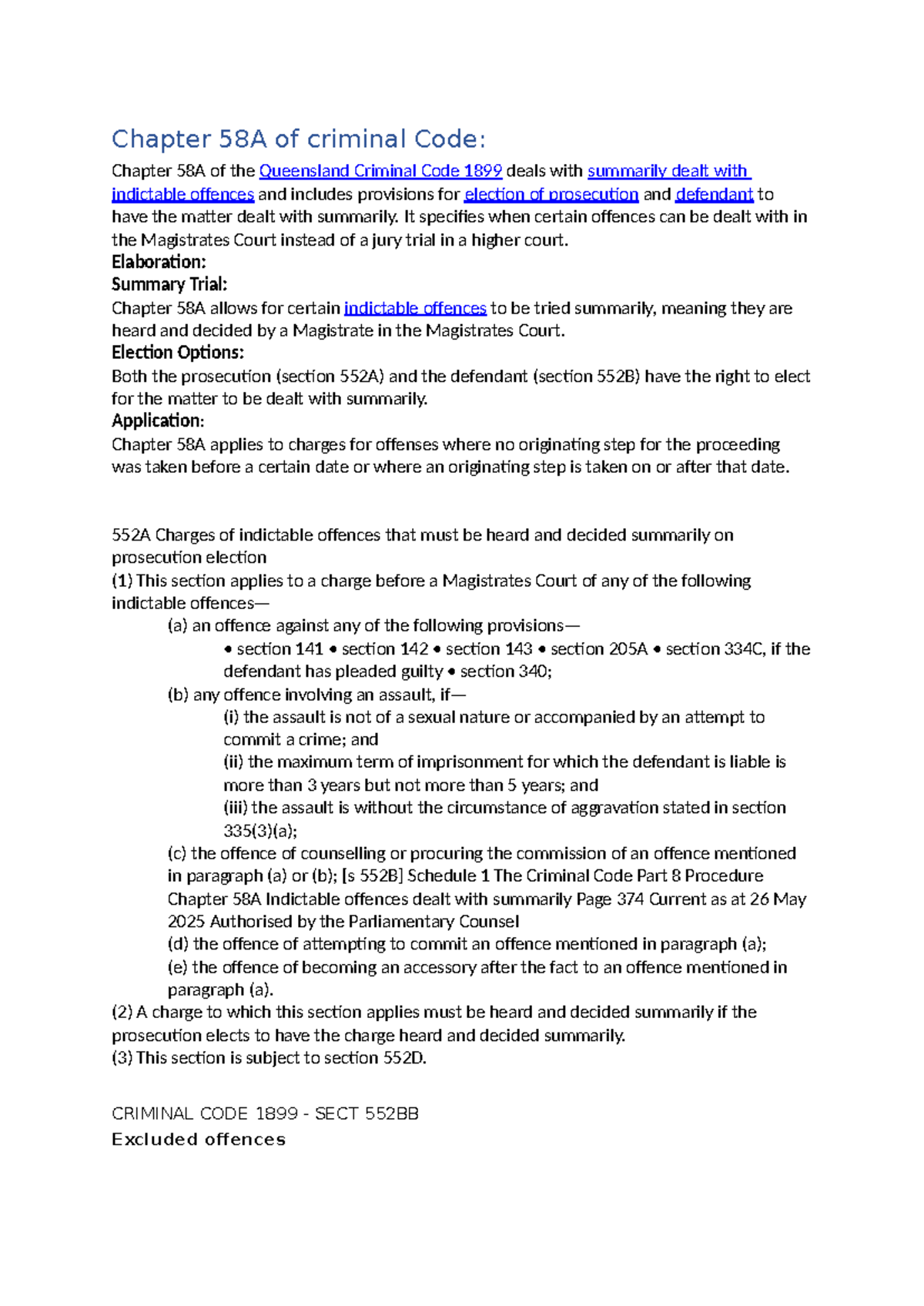 Chapter 58A: Summary Indictable Offences in QLD Criminal Code - Studocu