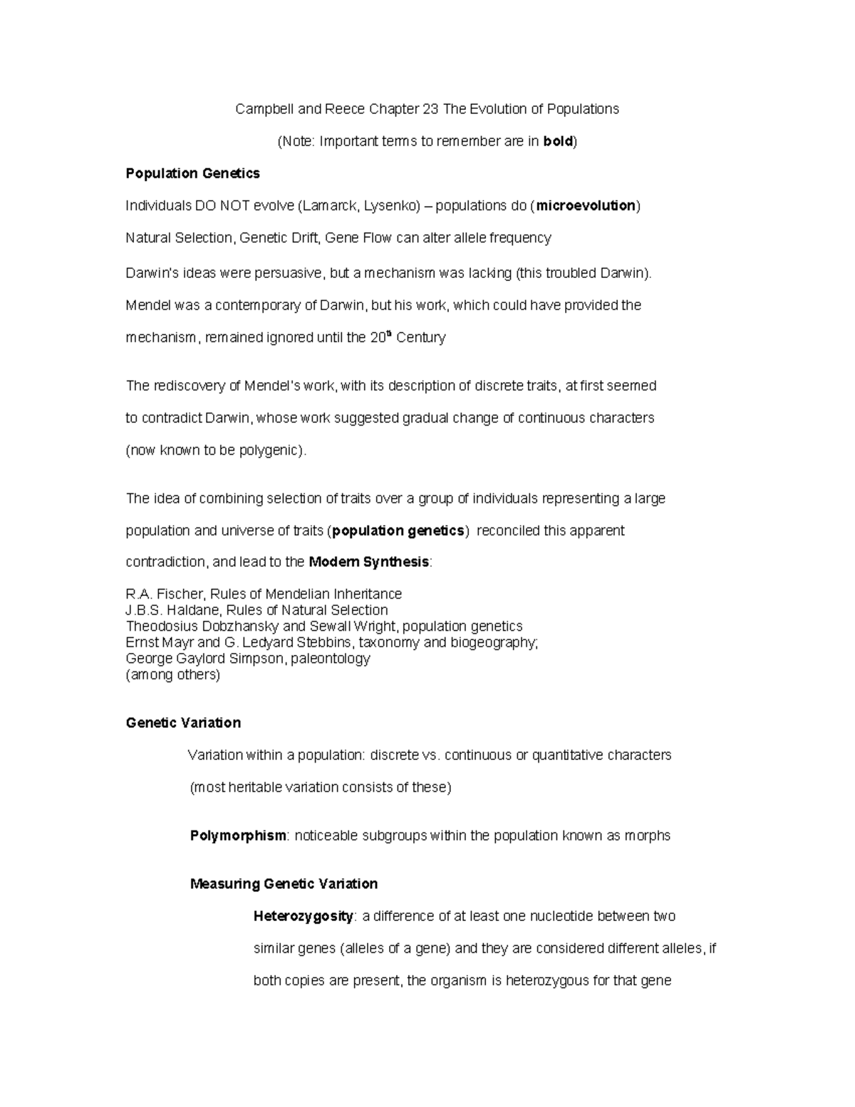 Chapter 23 Lecture Notes On Evolution Of Populations And Genetics