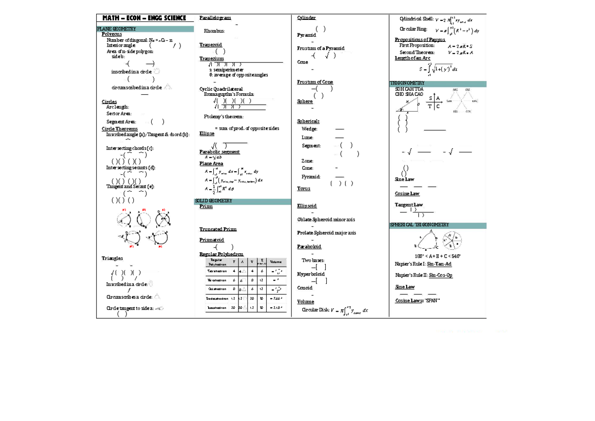 MATH 101: Comprehensive Guide to Plane Geometry and Calculus Formulas ...
