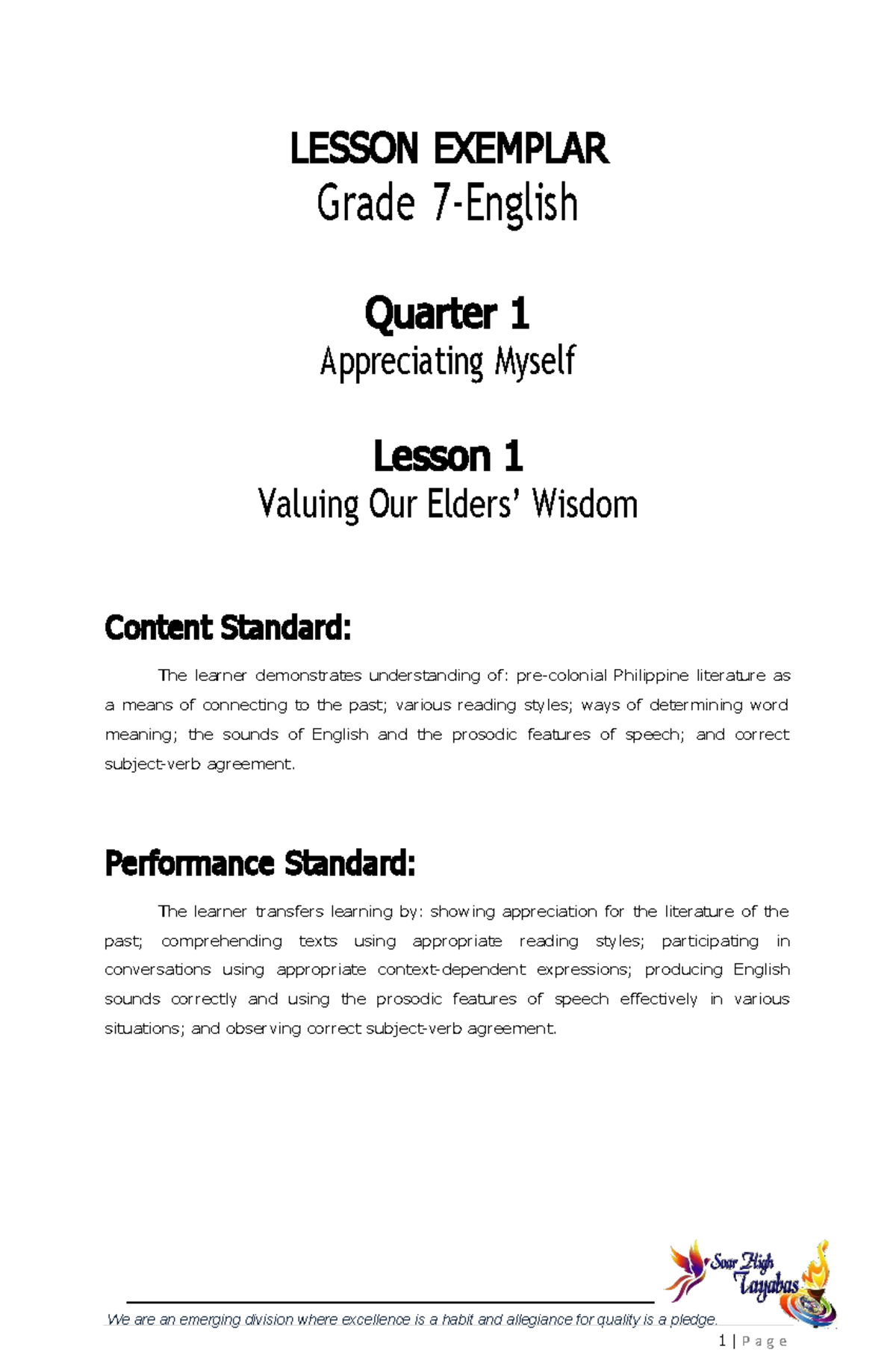 G7 English Lesson Exemplar 1st Quarter - We are an emerging division ...