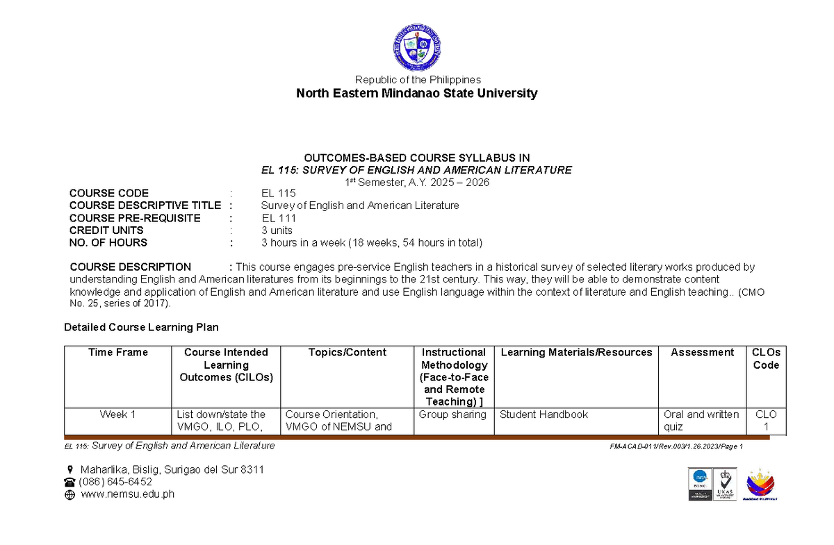 EL 115: Syllabus for Survey of English & American Literature - Studocu