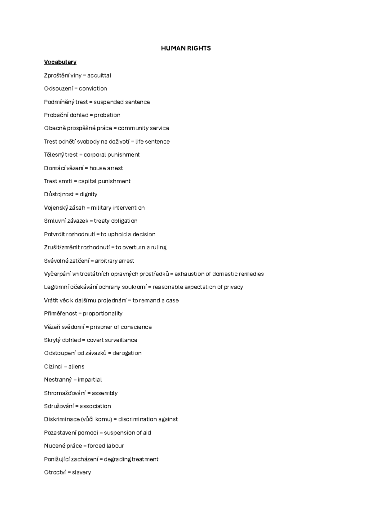 HUMAN RIGHTS & EMPLOYMENT LAW Vocabulary - 4th SEMESTER - Studocu