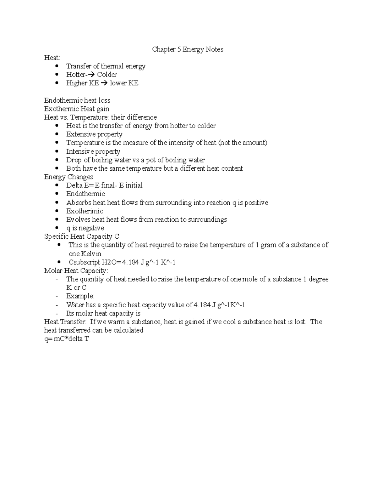 Chapter 5 Energy Notes - Chapter 5 Energy Notes Heat: Transfer of ...
