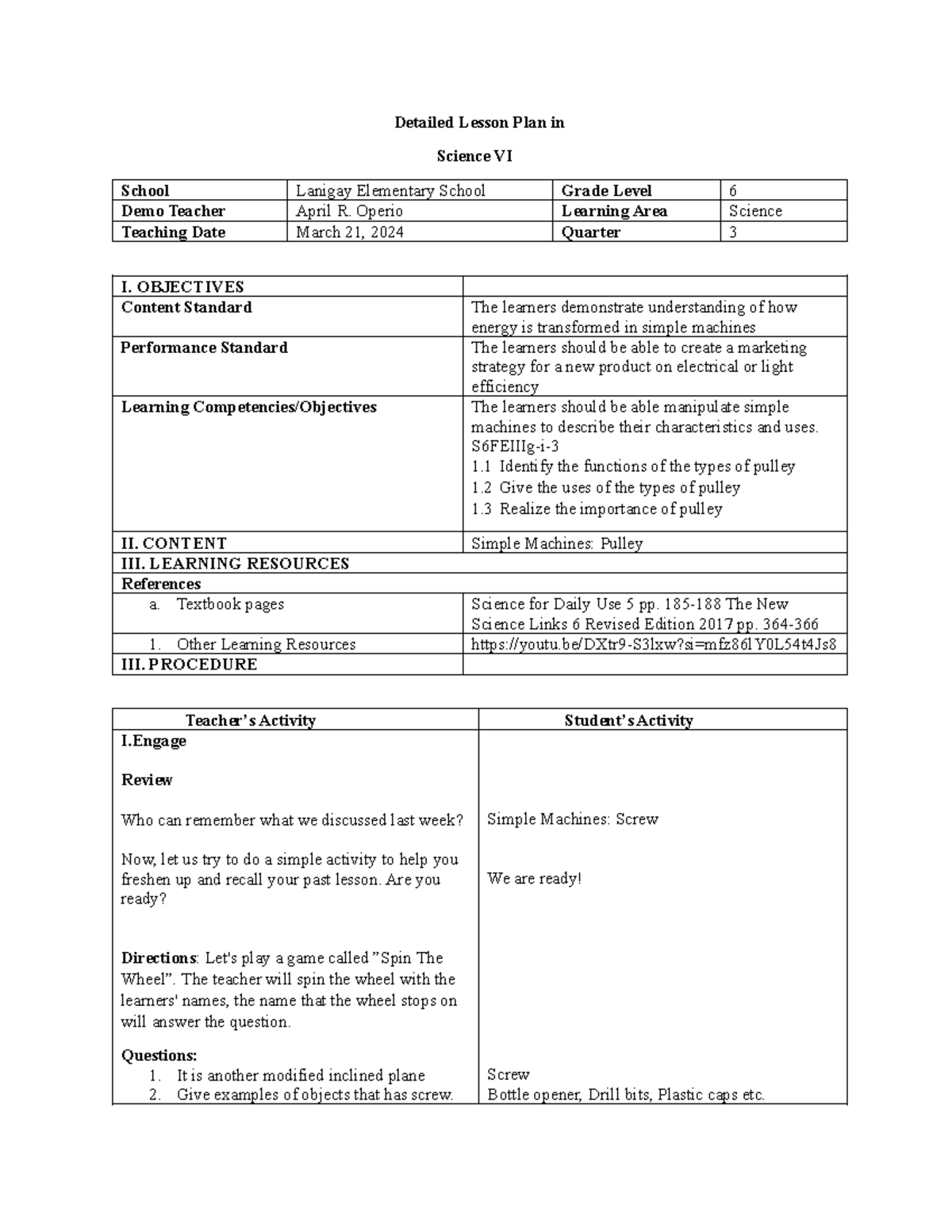Lesson Plan: Simple Machines - Pulley (Science VI) - Studocu