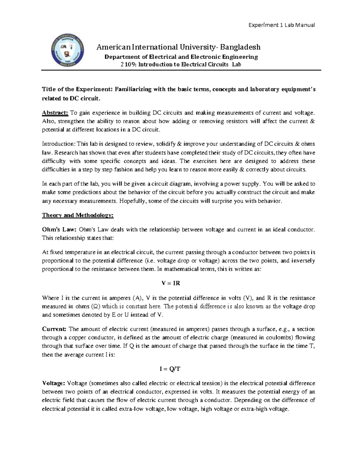Experiment 1 Lab Manual: Introduction to Electrical Circuits 2109 - DC ...