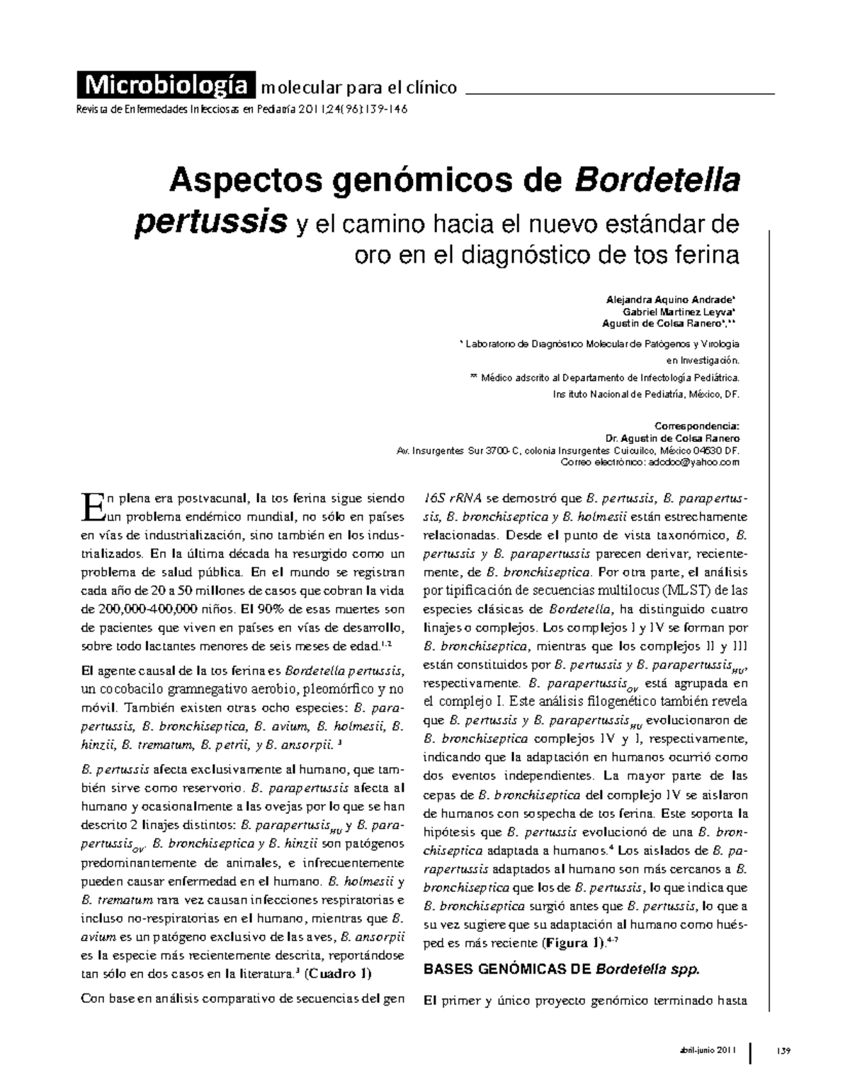 Microbiología Molecular y Diagnóstico de Bordetella pertussis en ...