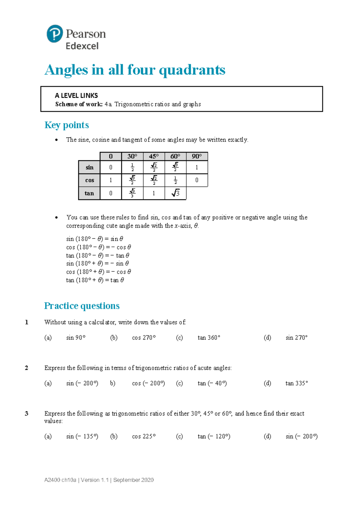 A2400 A Level Trigonometry: Angles in All Four Quadrants - Studocu